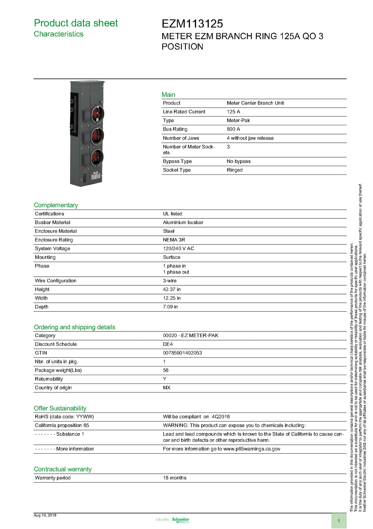 Square D EZM113125 3 Gang Single Phase Meter Stack